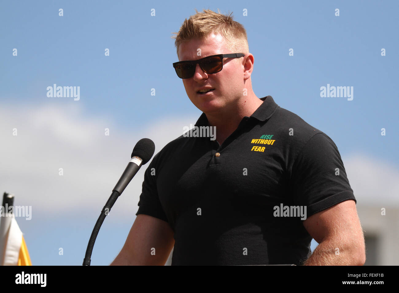 Blair Cottrell, Chairman of the United Patriots Front (UPF) speaks at ...