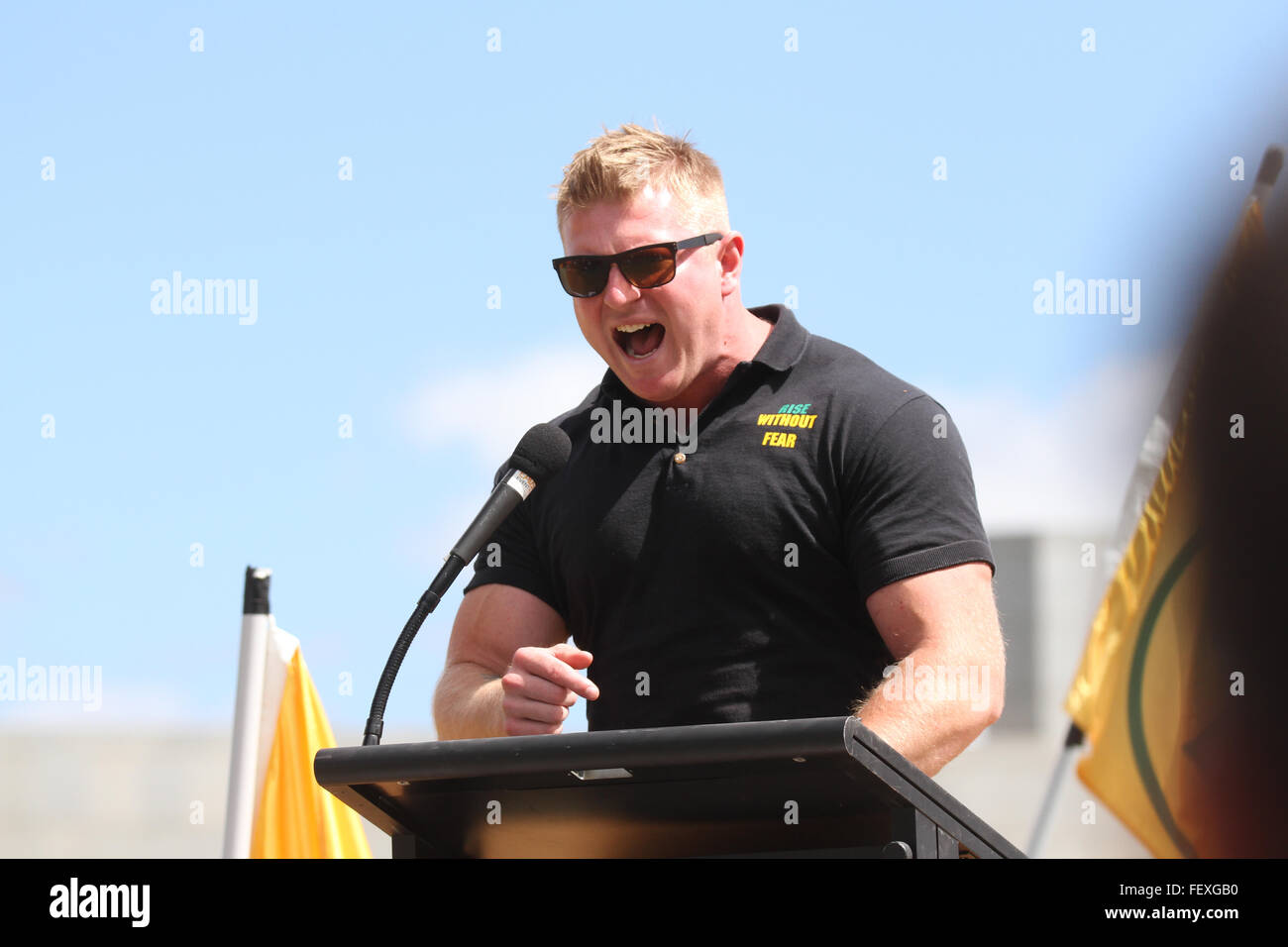 Blair Cottrell, Chairman of the United Patriots Front (UPF) speaks at ...