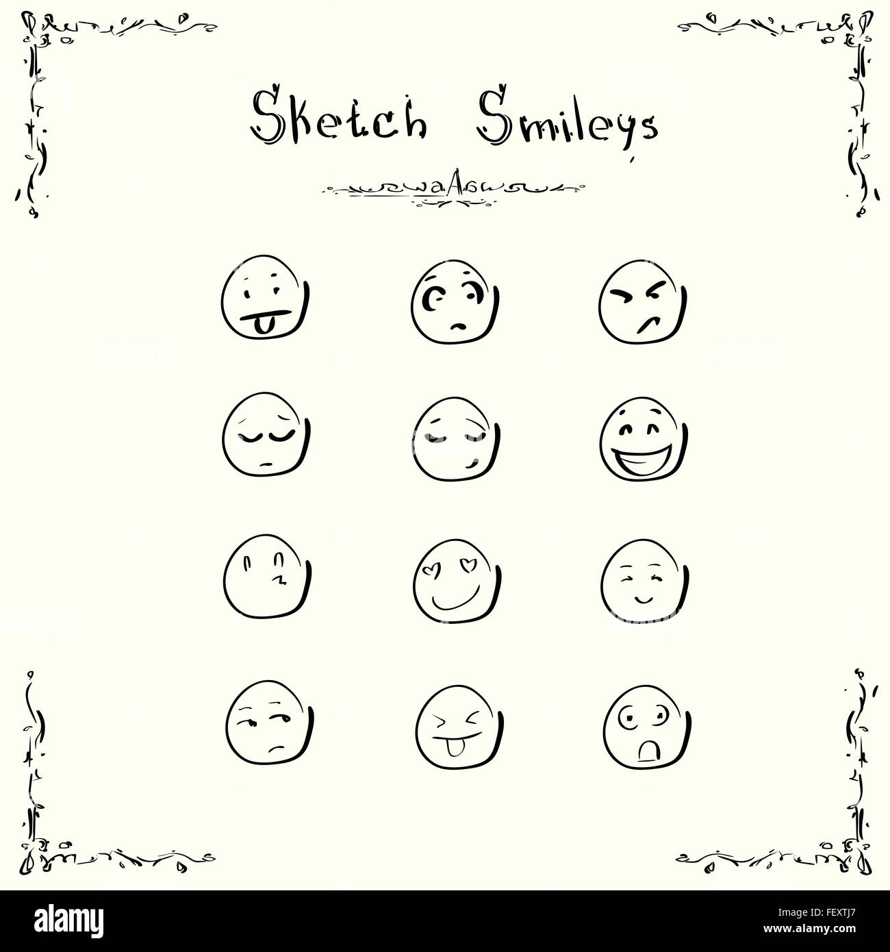 Sketch Smileys Faces Emotion Concept Set Collection Stock Vector Image ...