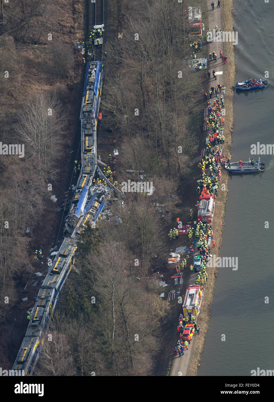 Bad Aibling, Germany. 09th Feb, 2016. An aerial view of rescue forces ...