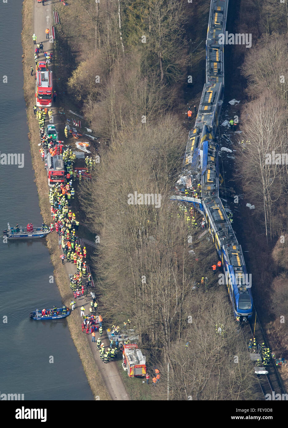 Bad Aibling, Germany. 09th Feb, 2016. An aerial view of rescue forces ...