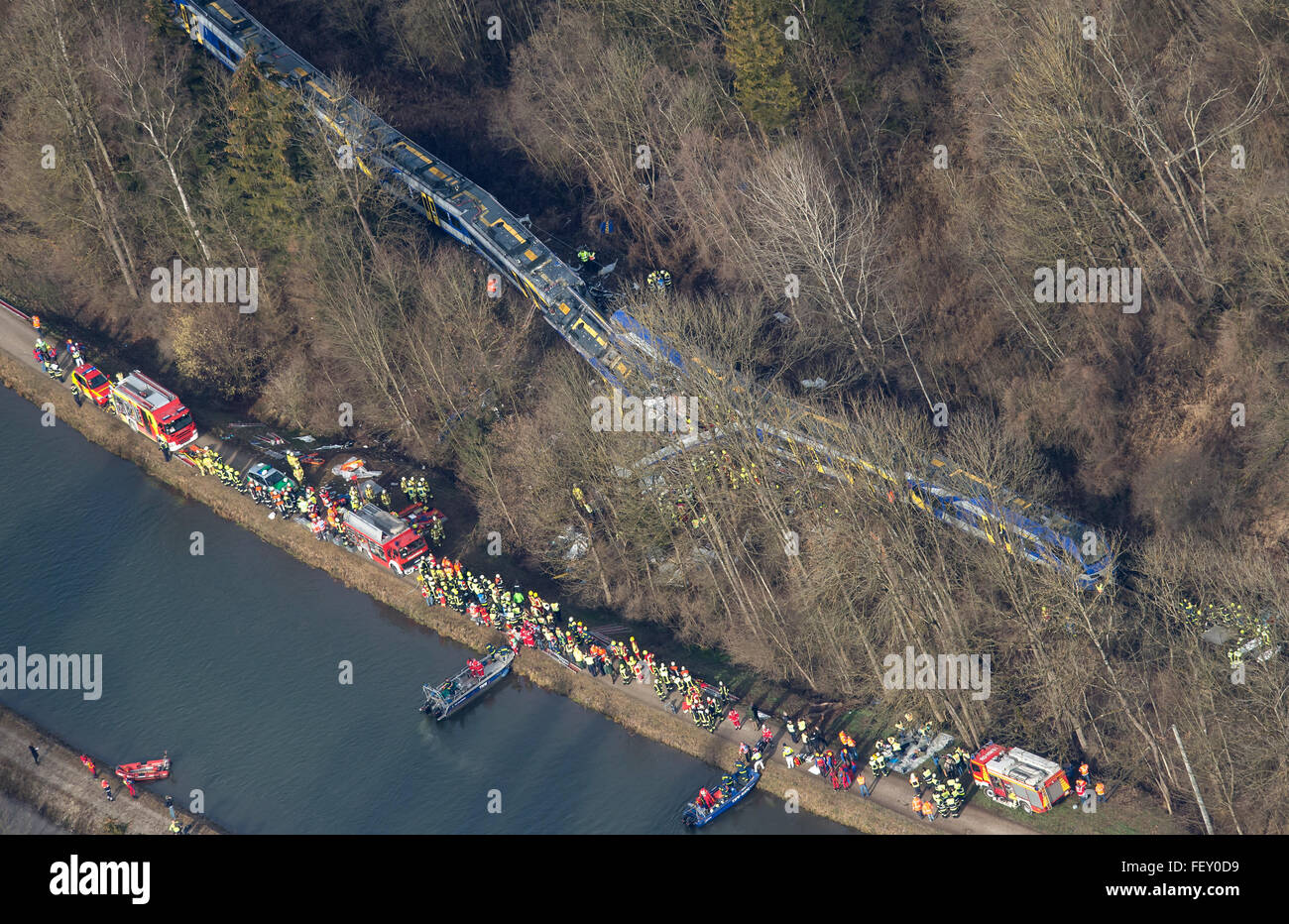 Bad Aibling, Germany. 09th Feb, 2016. An aerial view of rescue forces ...