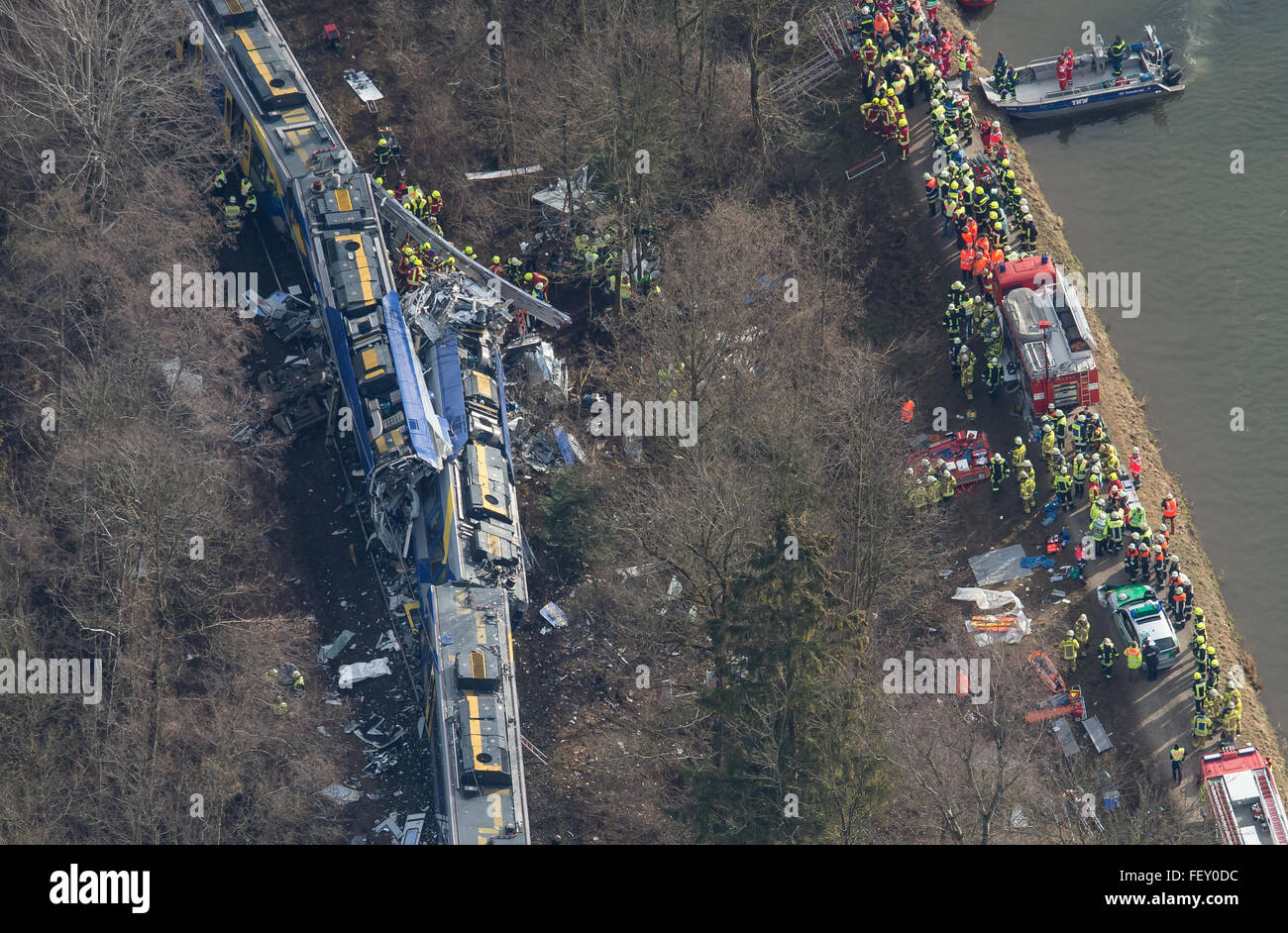 Bad Aibling, Germany. 09th Feb, 2016. An aerial view of rescue forces ...