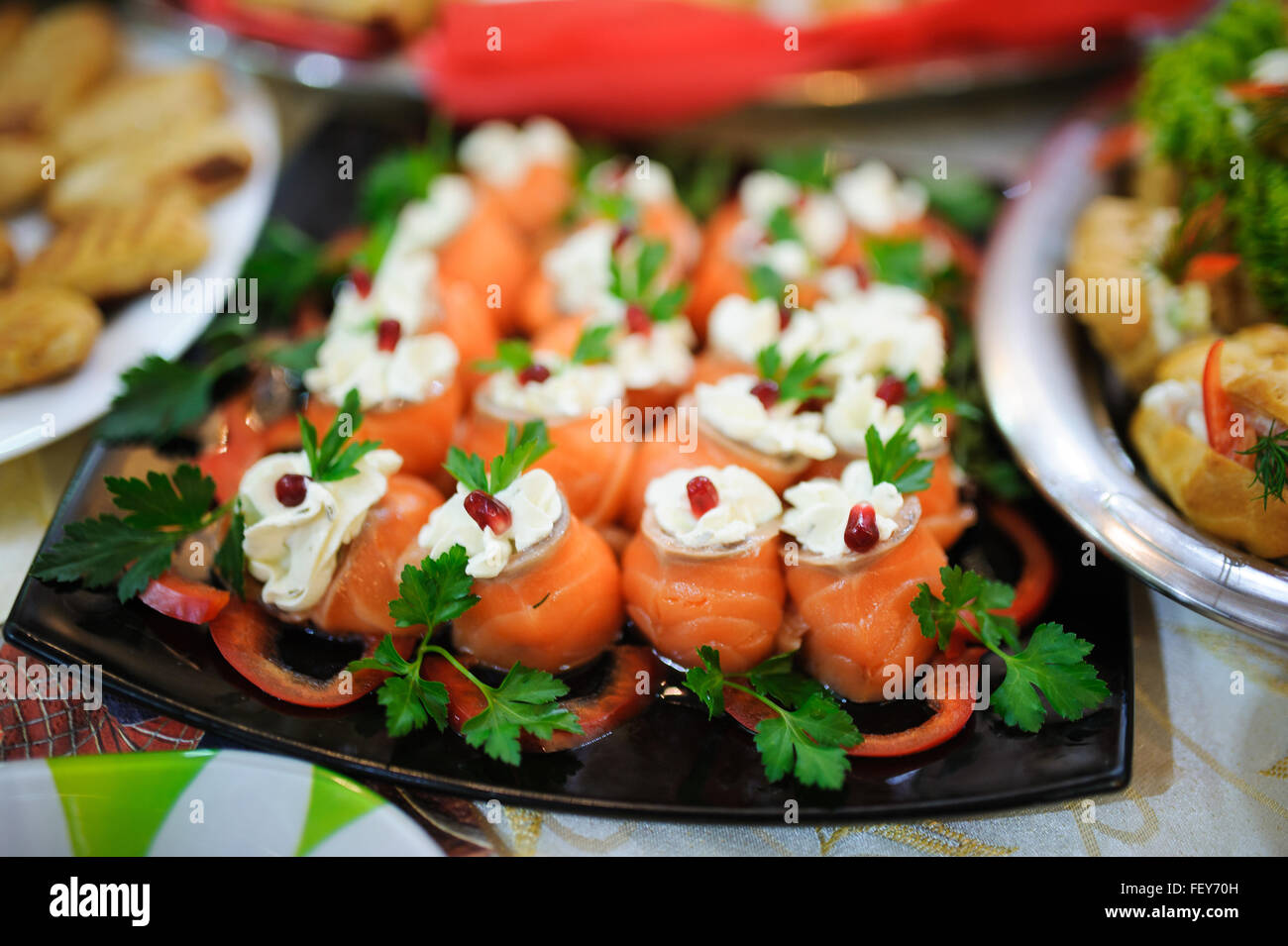 Tasty appetizer. Plate of red and white fish Salmon fillet Stock Photo ...