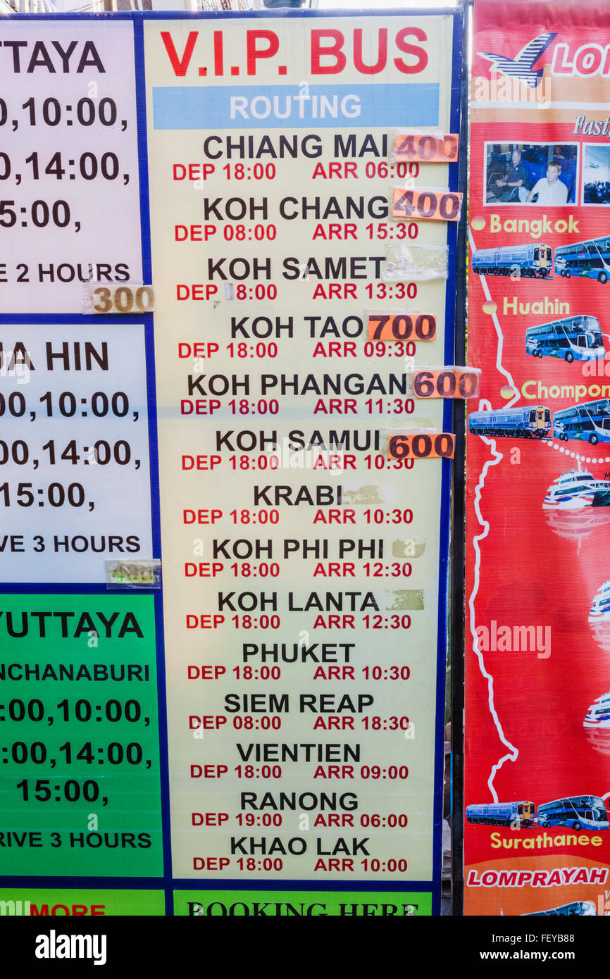 Thailand, Bangkok, Khaosan Road, Long Distance Bus Price List Stock ...
