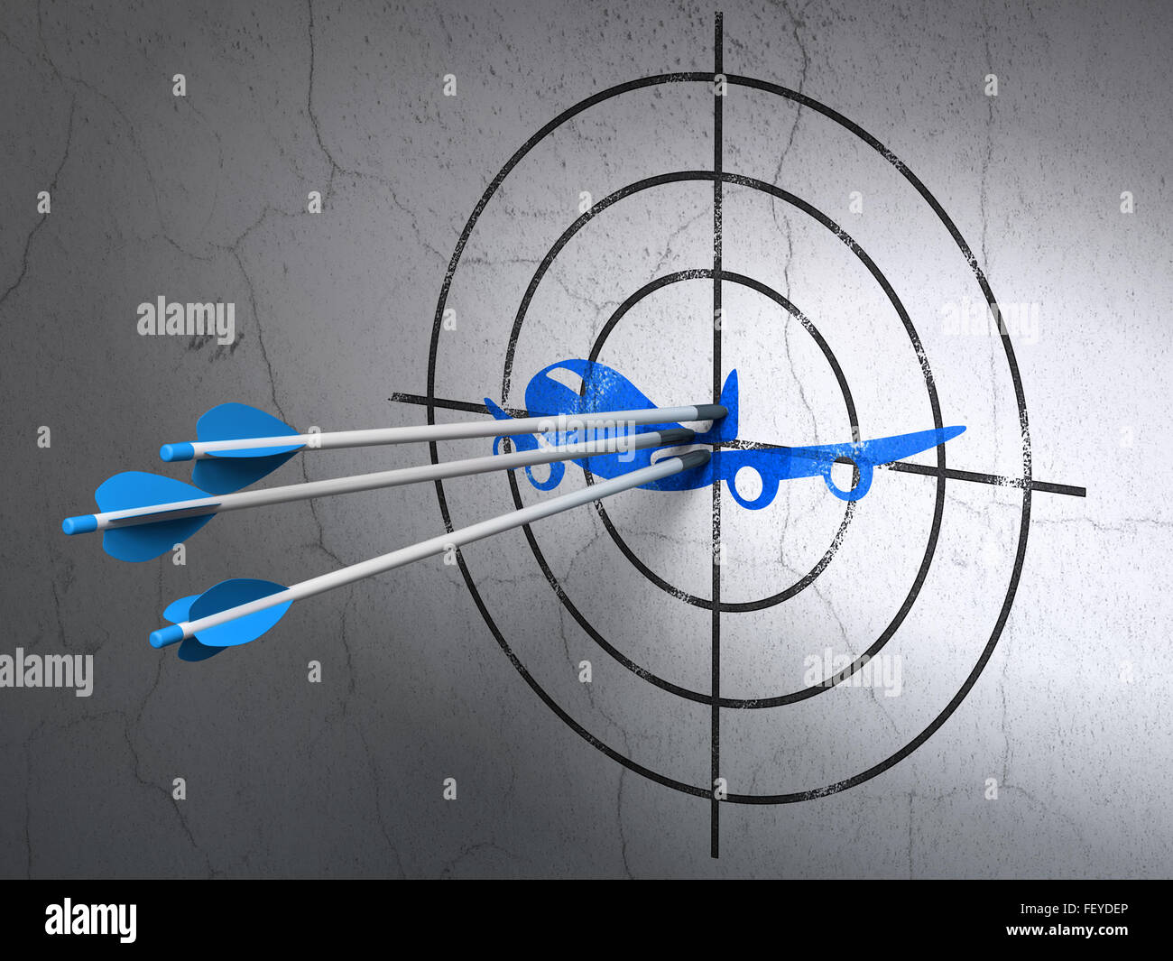 Vacation concept: arrows in Airplane target on wall background Stock ...
