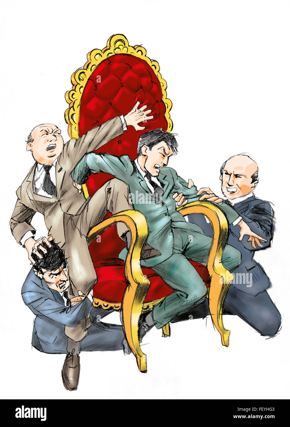 four men is suits are fighting for a red leather seat with golden chair ...