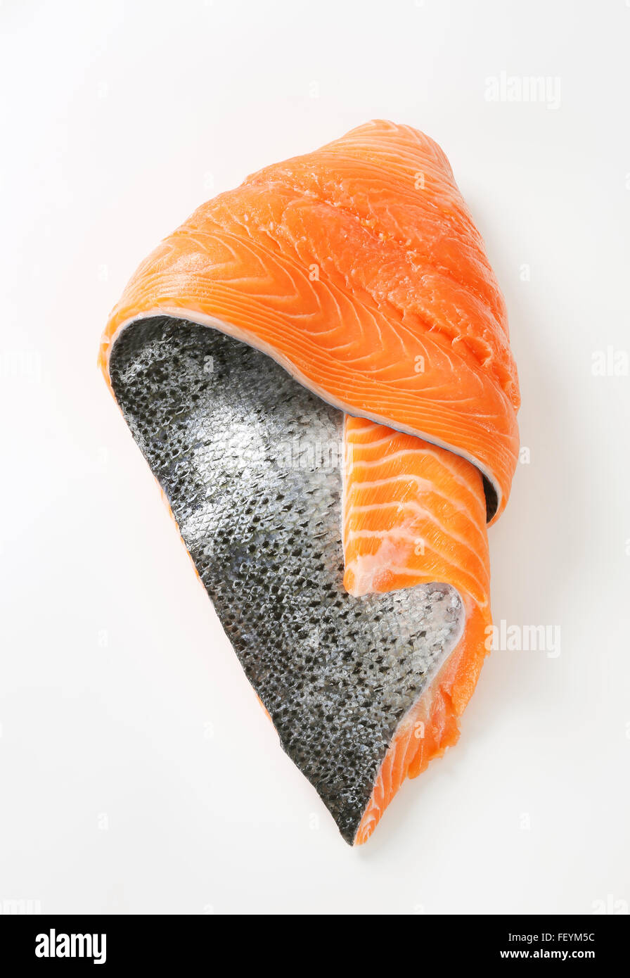 raw salmon fillet with silver skin on white background Stock Photo - Alamy