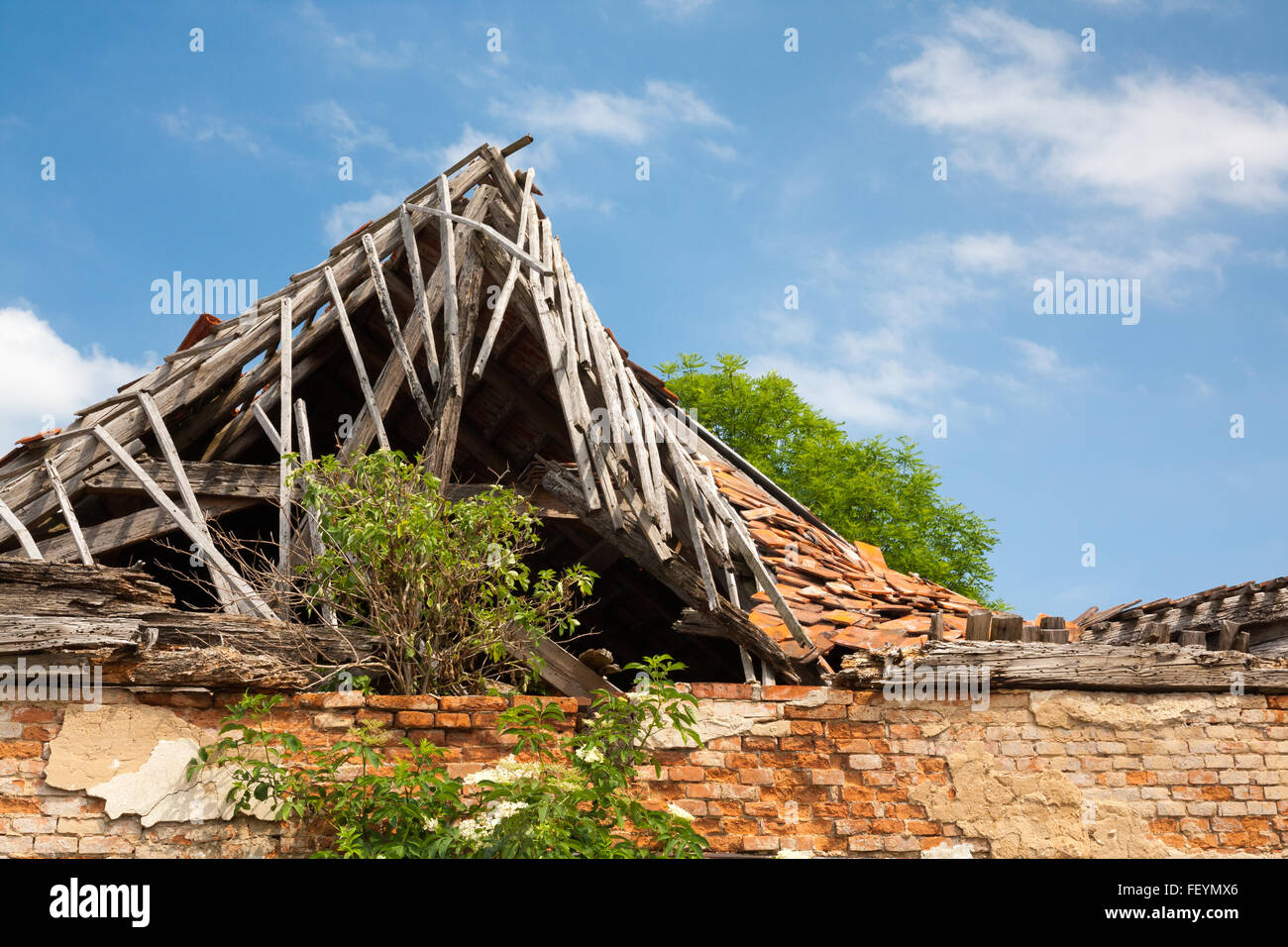 Ruined brick/wooden house - destroyed roof, vegetation Stock Photo - Alamy
