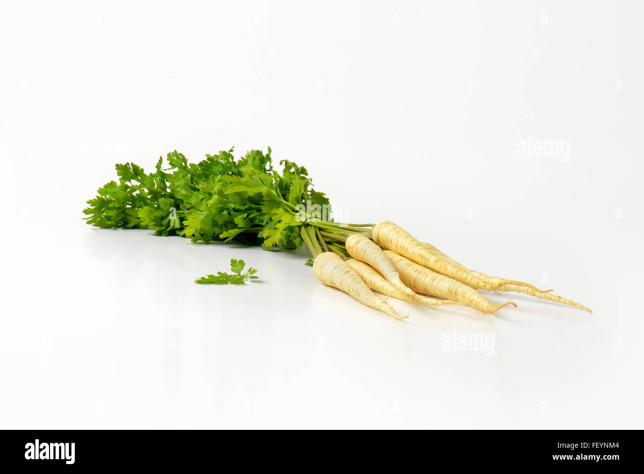 bunch of white parsley roots on white background Stock Photo - Alamy