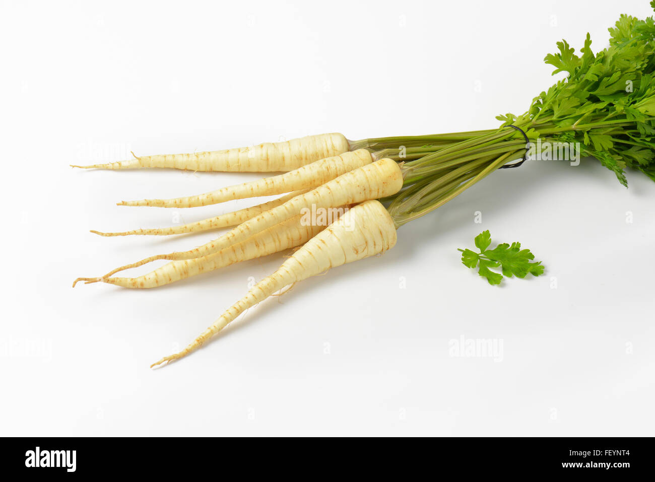 bunch of white parsley roots on white background Stock Photo - Alamy