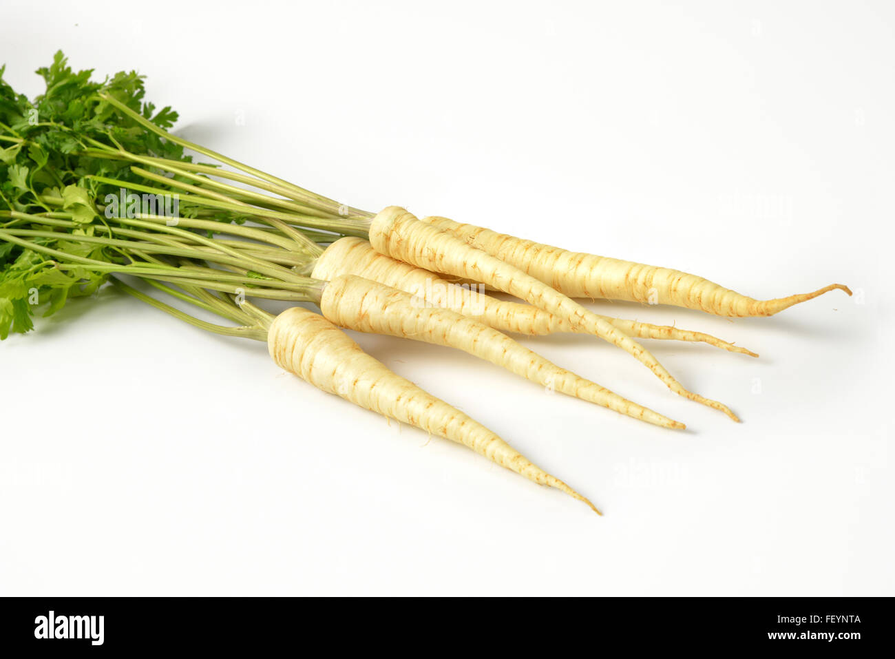 bunch of white parsley roots on white background Stock Photo - Alamy