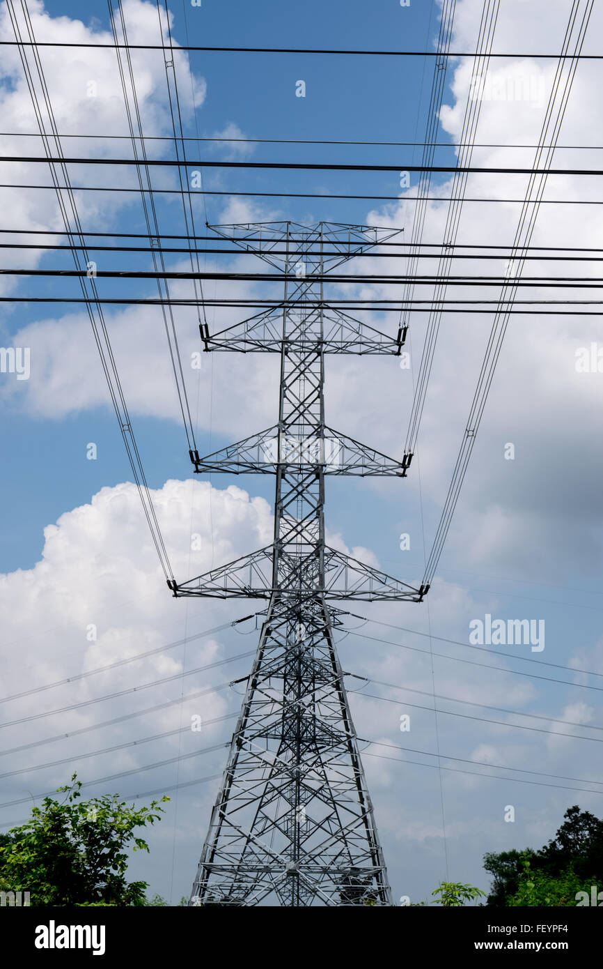 Electricity post on blue sky background Stock Photo - Alamy