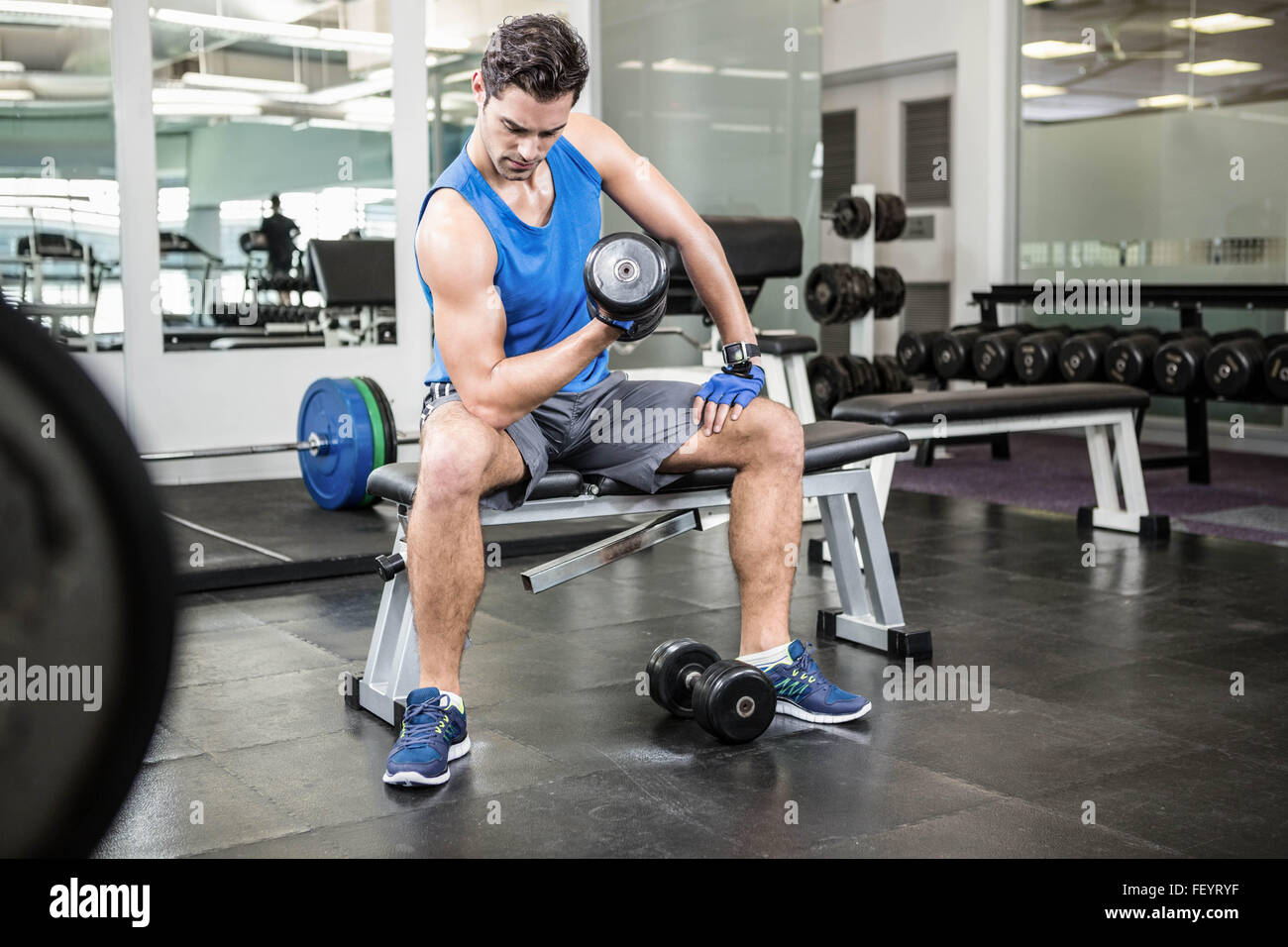Muscular man lifting dumbbell while sitting on bench Stock Photo - Alamy