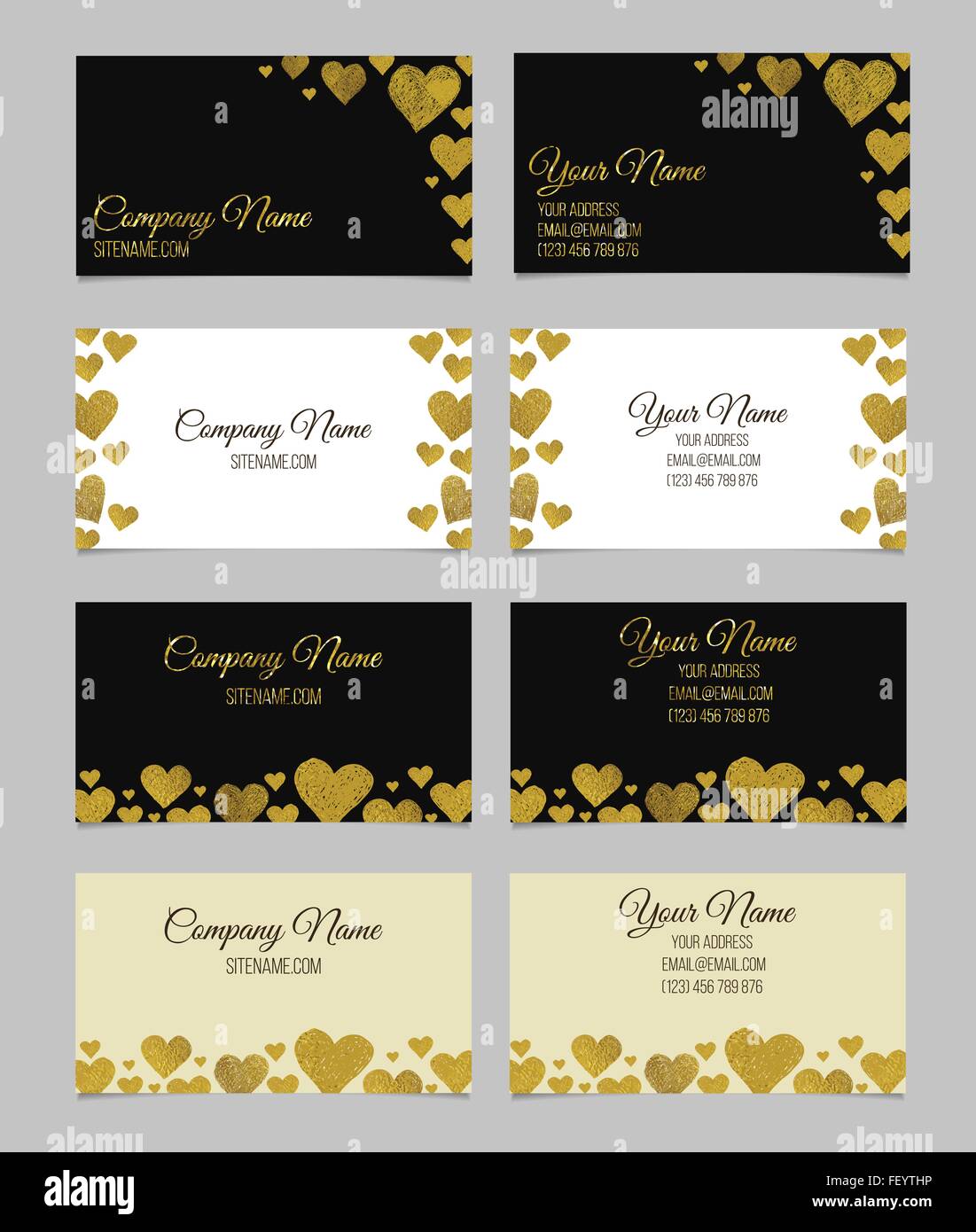 Business card template or visiting card set with golden foil heart ...