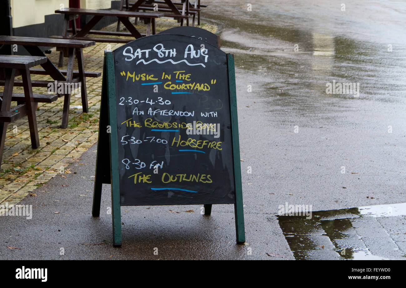 A board outside a Suffolk pub advertising 'Music in the Courtyard ...