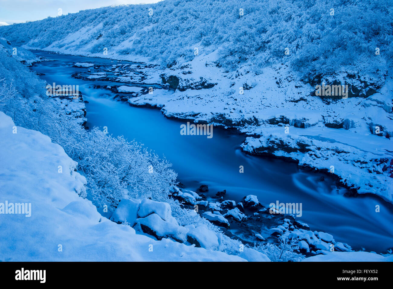Barnafoss Waterfall on the Snaefellsnes Peninsula route during winter ...
