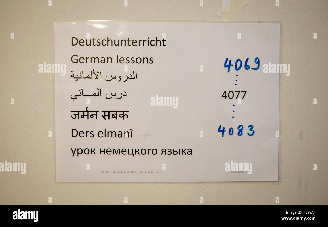 Berlin, Germany. 9th Feb, 2016. A sign in various languages indicates ...