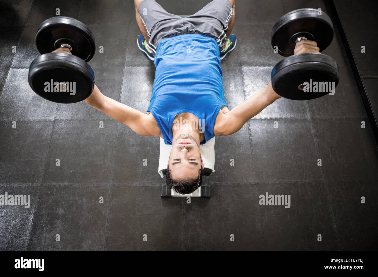 Handsome man lifting dumbbells on bench Stock Photo - Alamy