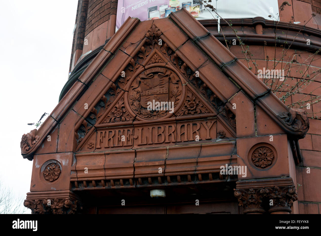 Green Lane Masjid building, Free Library detail, former library and ...
