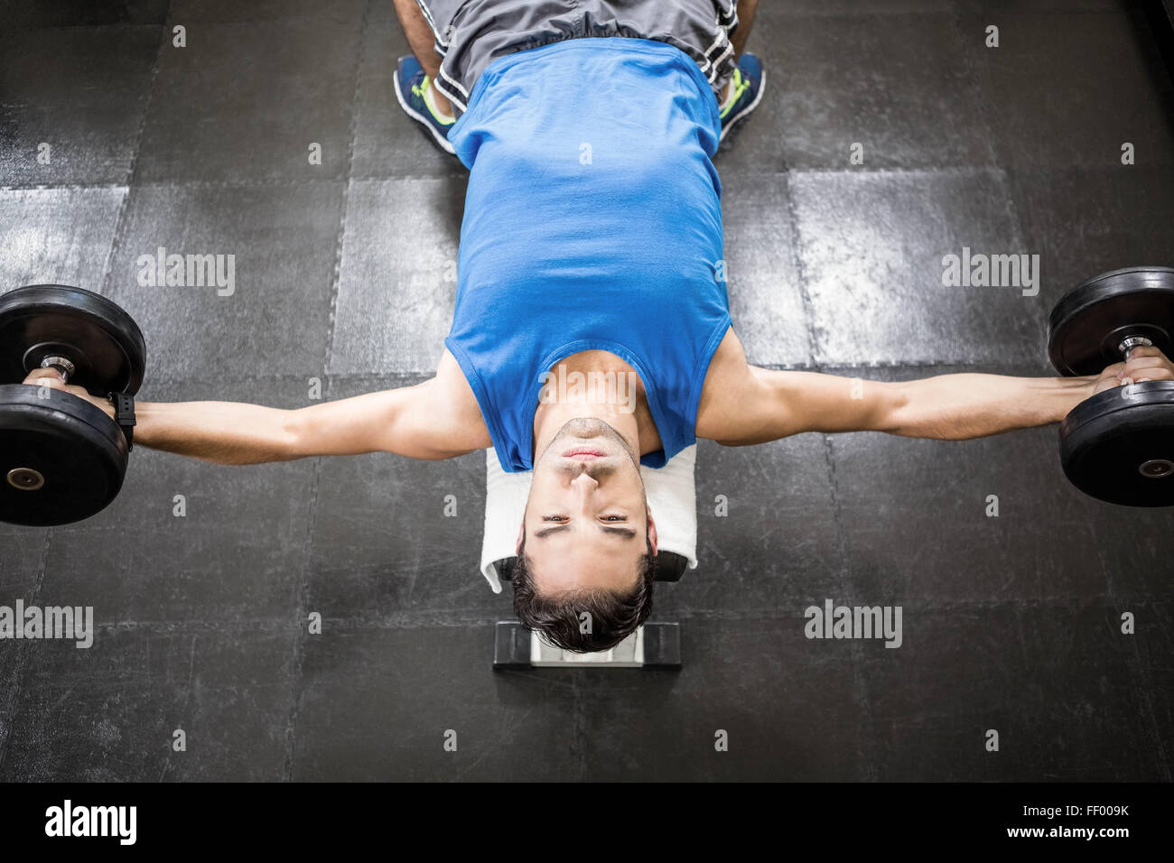 Handsome man lifting dumbbells on bench Stock Photo - Alamy