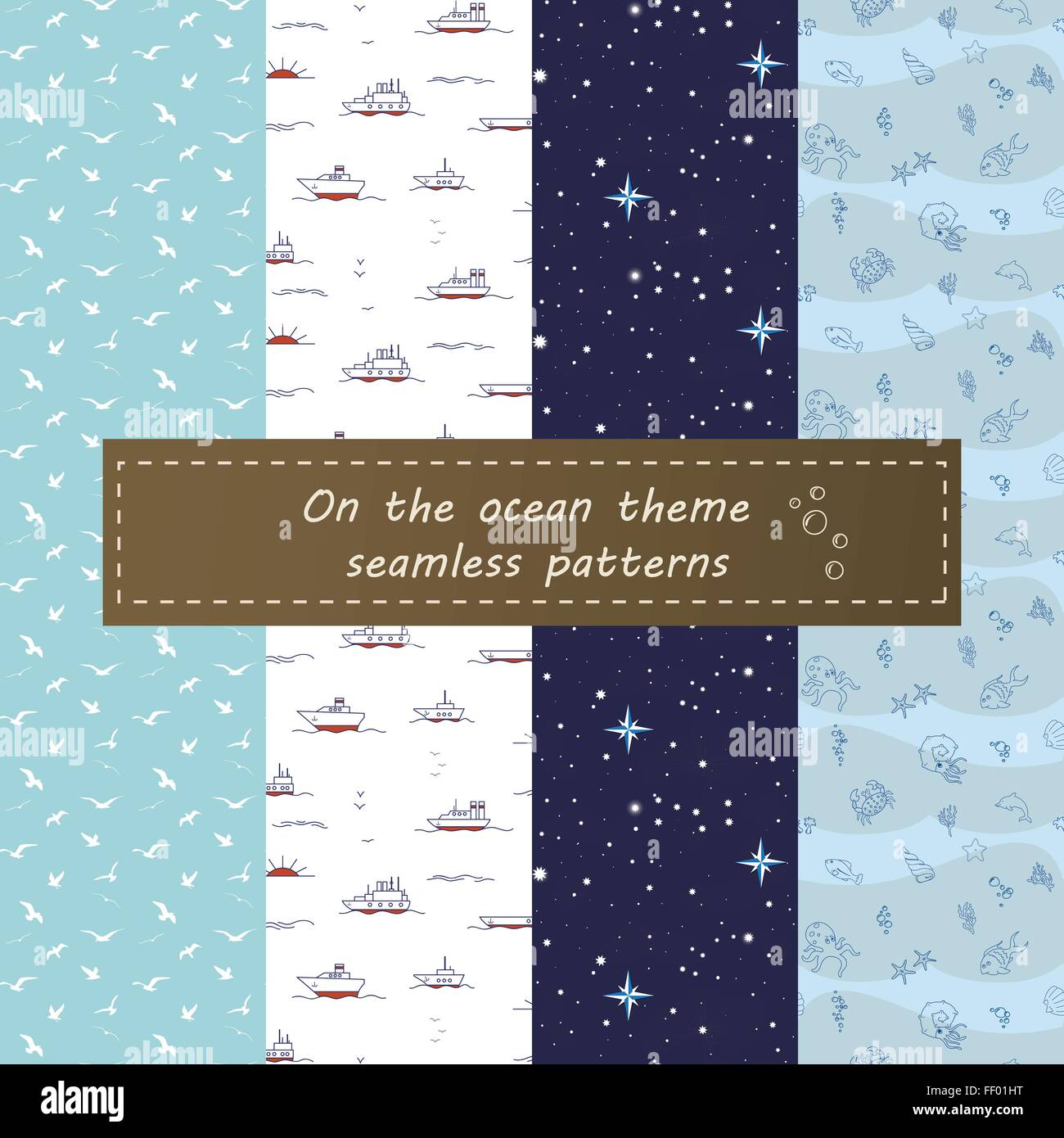 "on the ocean" theme four seamless vector patterns Stock Vector Image ...
