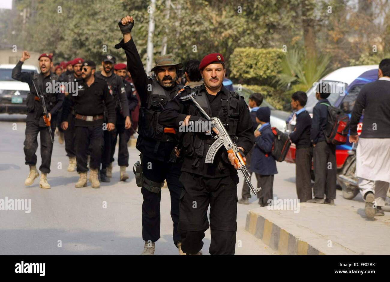 Pakistan. 9th February, 2016. Special combat police forces are taking ...