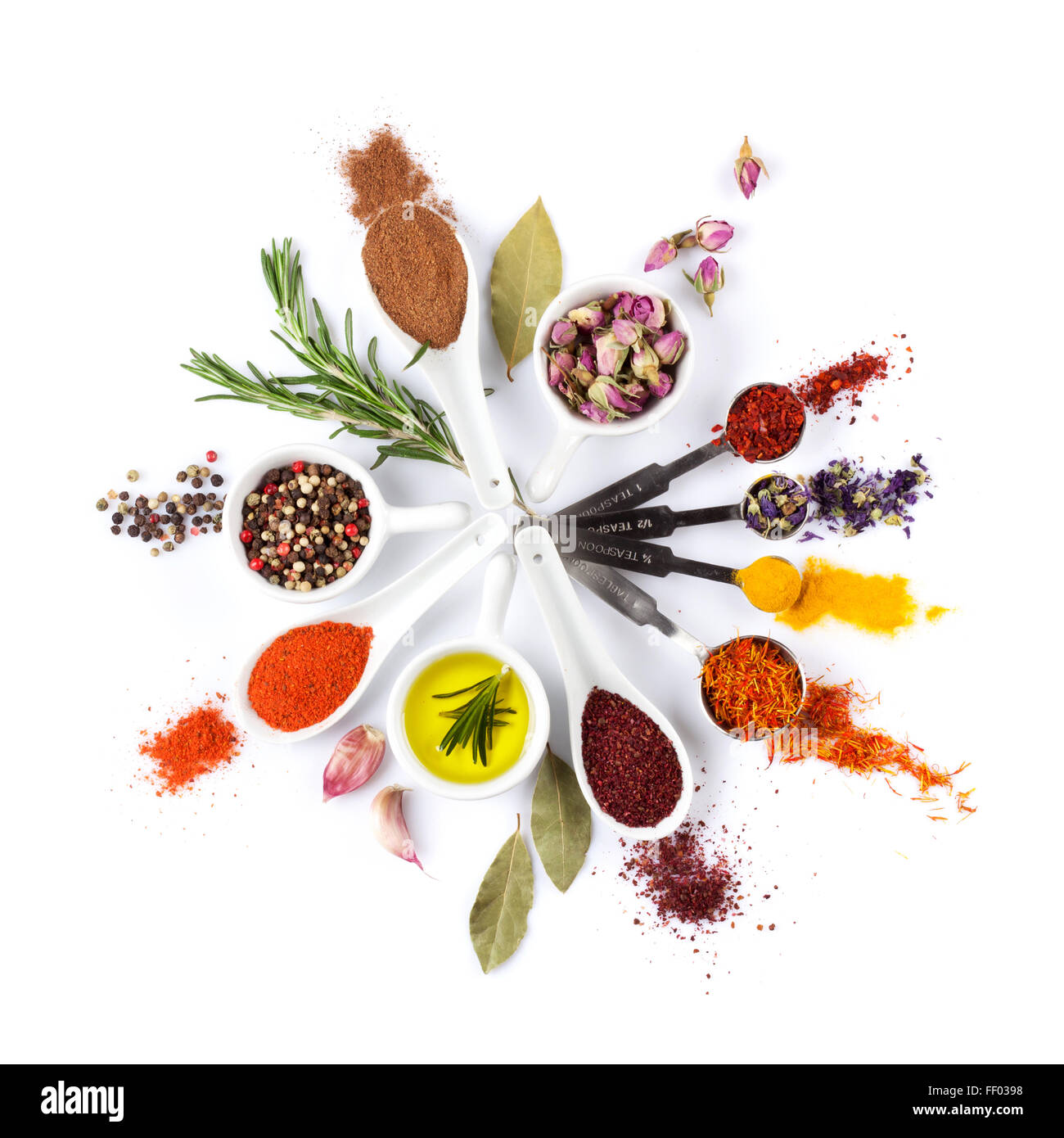 Spices, herbs and condiments. Isolated on white background Stock Photo ...