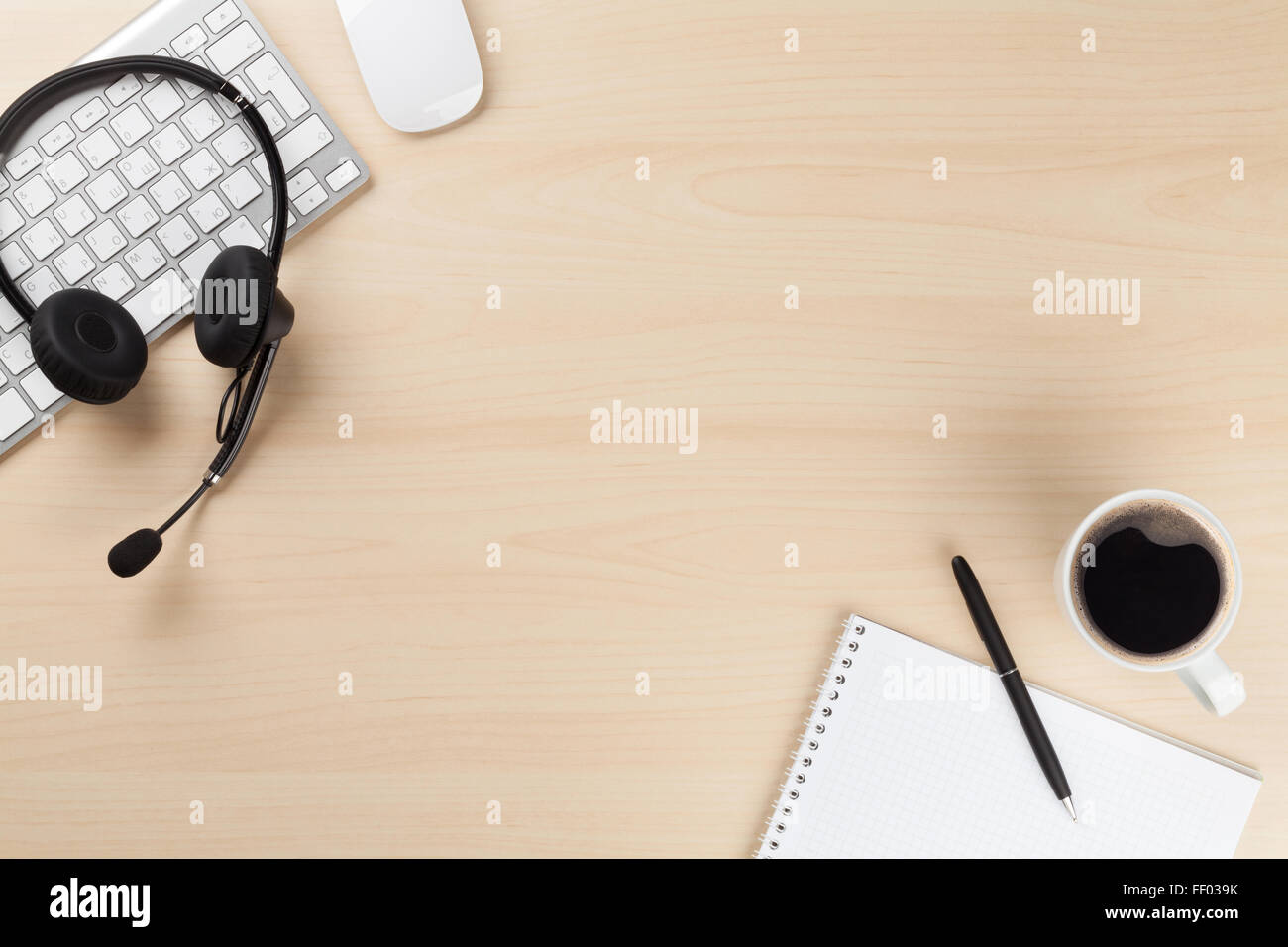Office desk with headset and supplies. Call center support table. Top ...