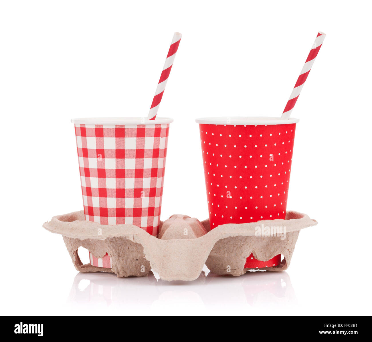 Two paper cups with takeaway drinks in holder. Isolated on white ...