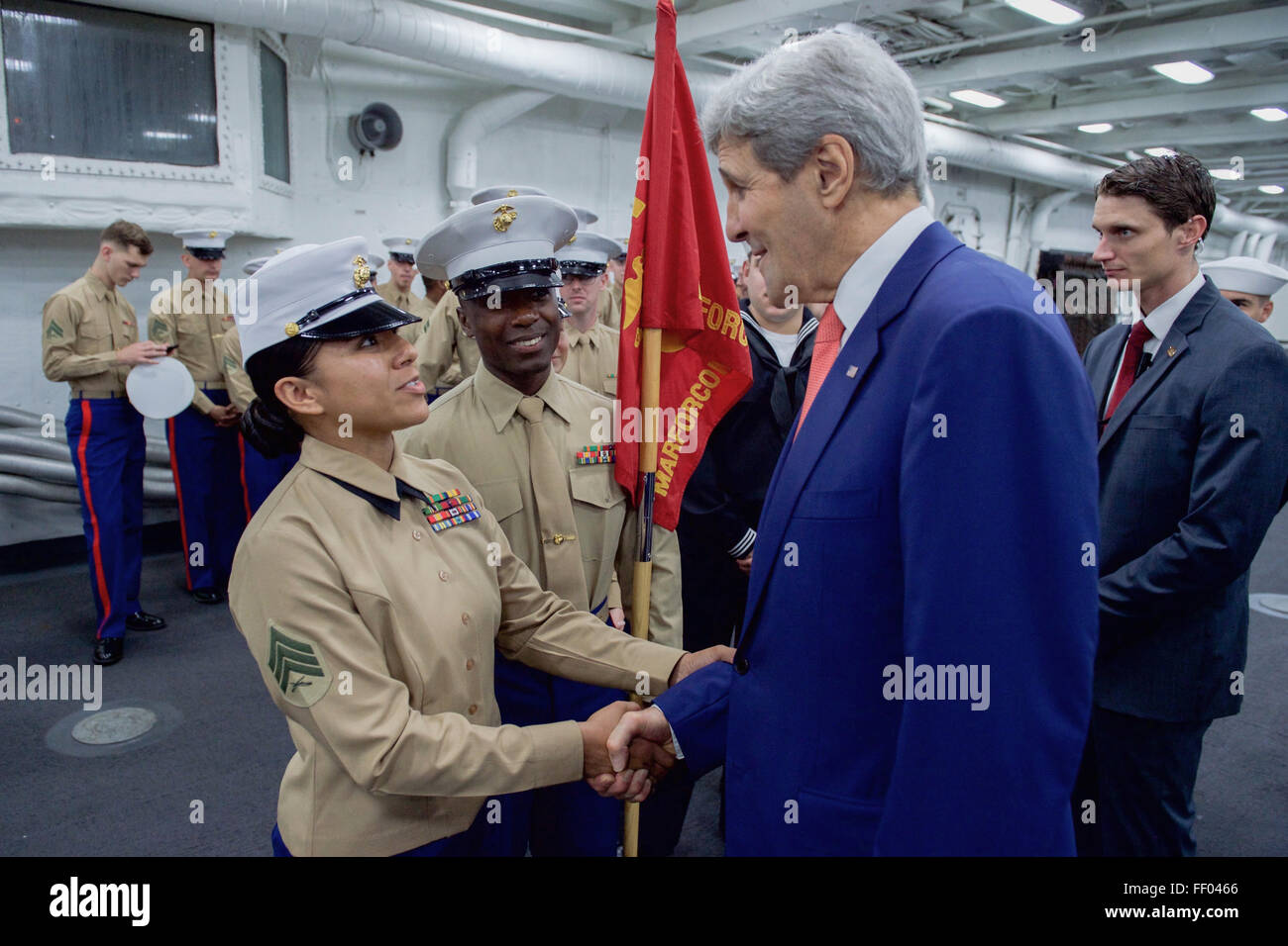 Secretary Kerry Shakes Hands With a U.S. Marine Aboard the USS San ...