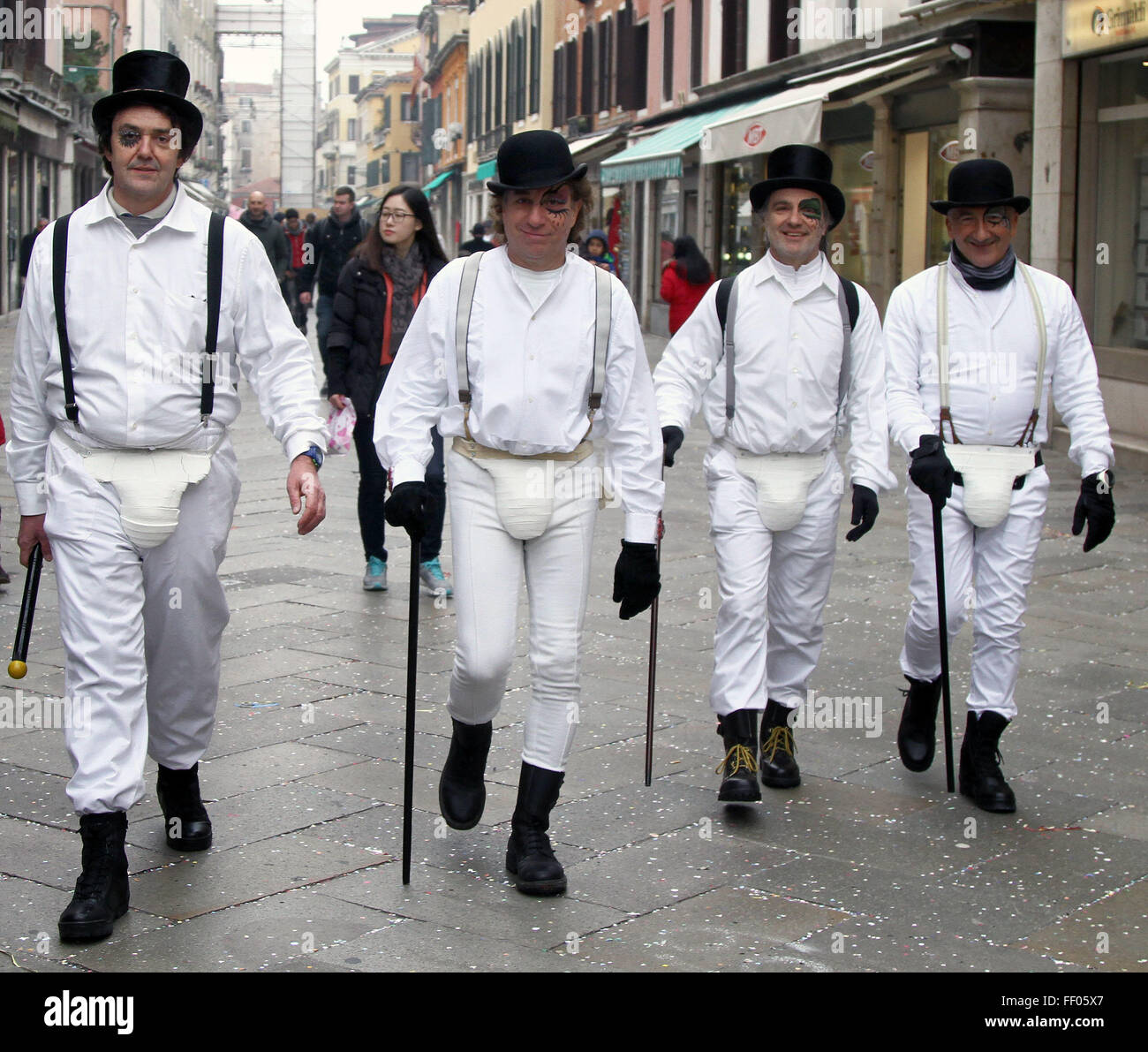 Venice, Italy. 09th Feb, 2016. A group of men dressed with carnival ...