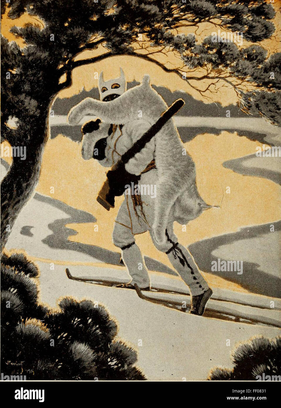 A dramatic oil painting by Arthur Heming, depicting a lynx hunter in a ...