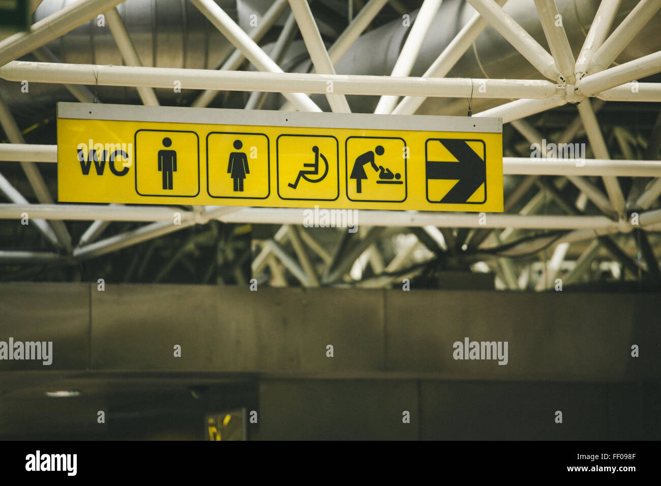 A bright yellow directions sign with an arrow and clear symbols ...