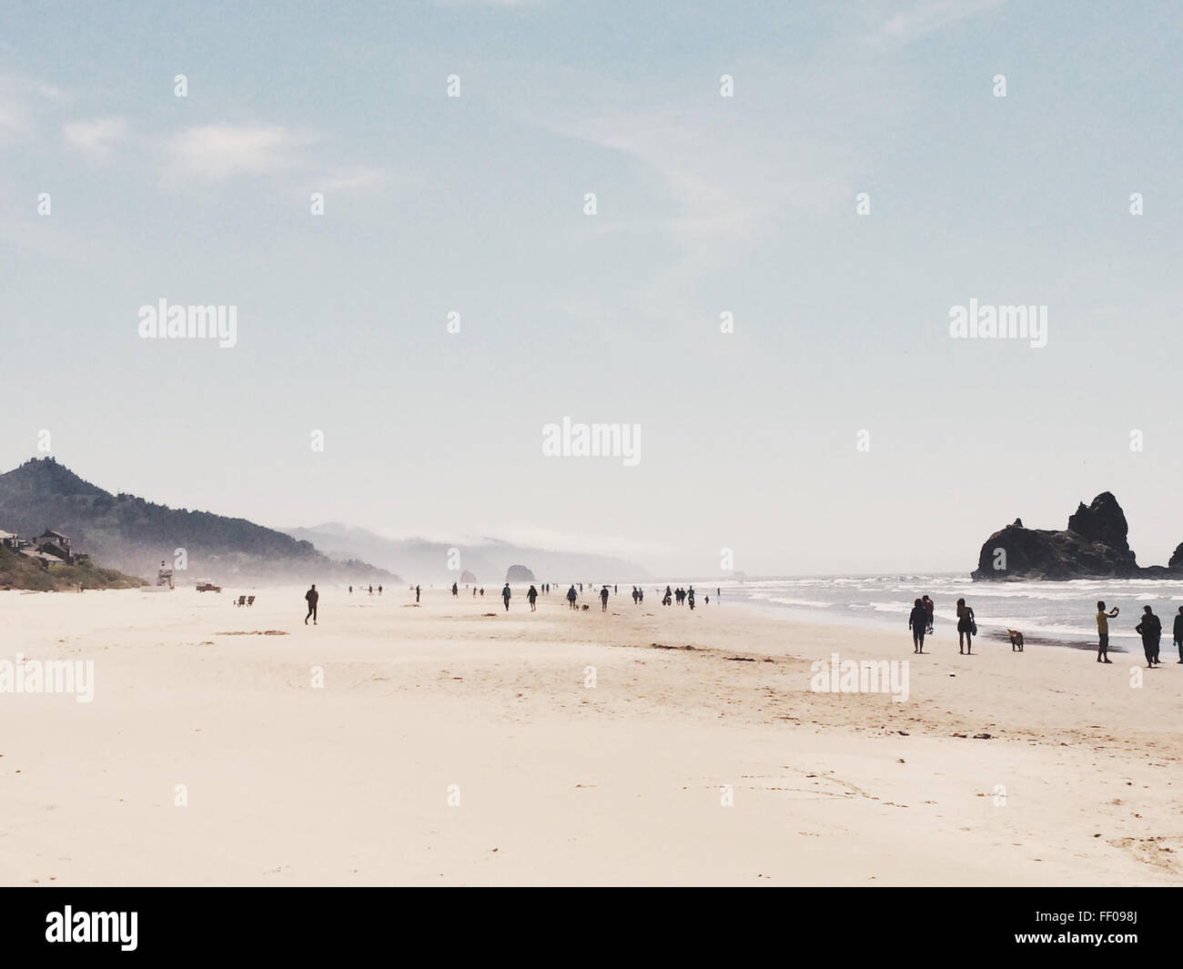 A large crowd gathered on an ocean beach, enjoying the coastal scenery ...