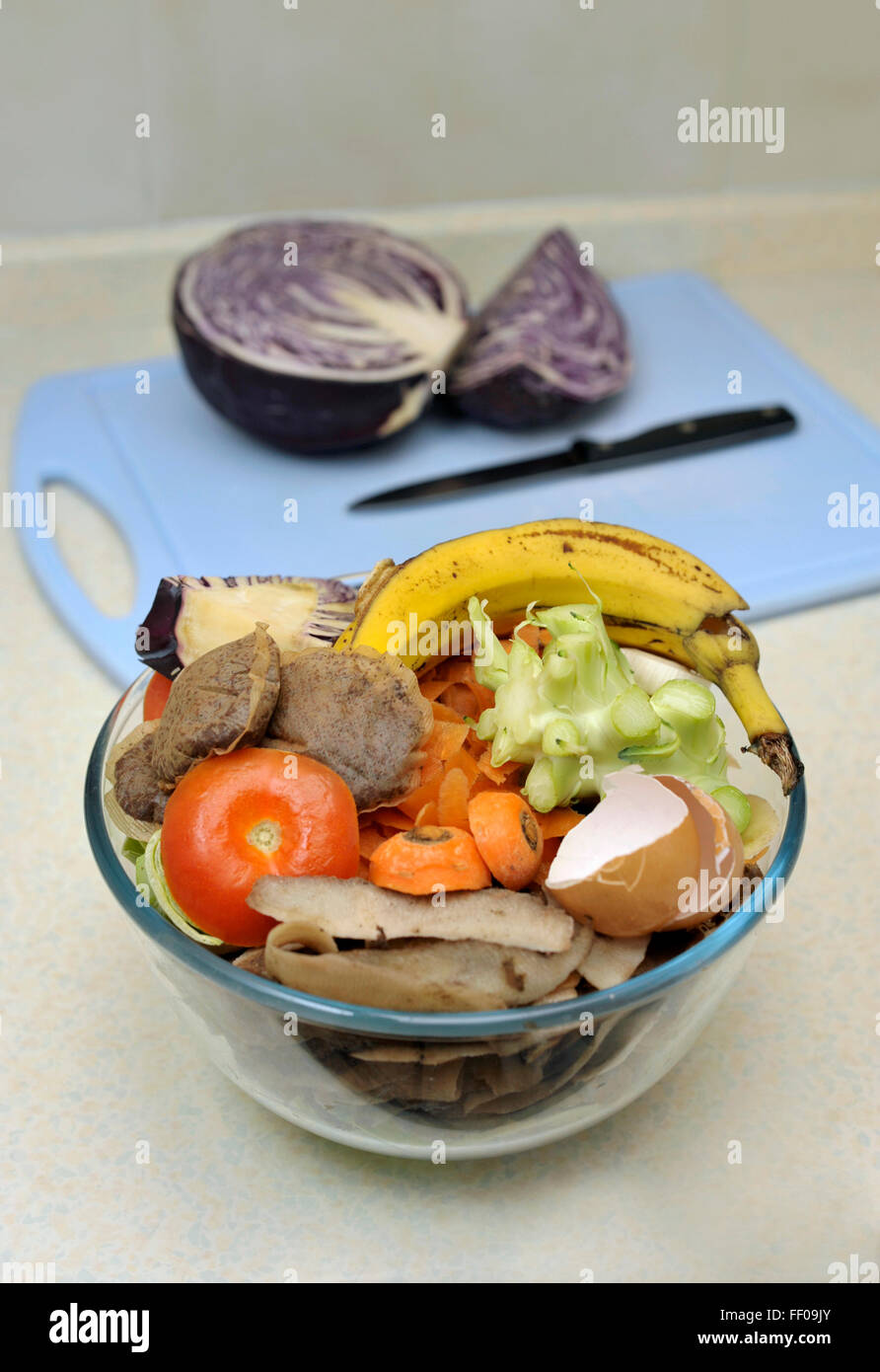 Vegetable food waste collected for home composting, beside red cabbage ...