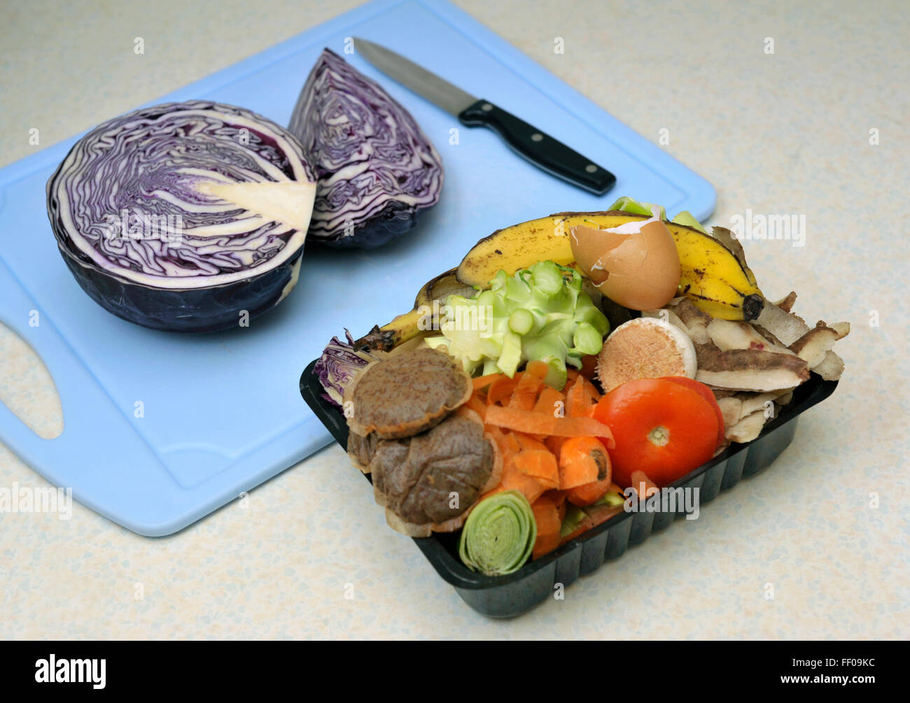 Kitchen vegetable food waste collected in a reused container for ...