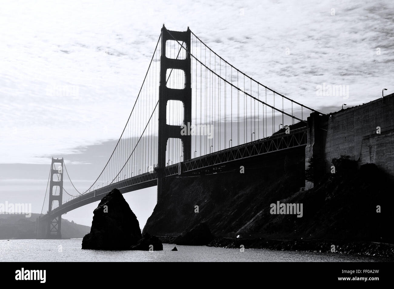 A monochrome view of the Golden Gate Bridge in San Francisco ...