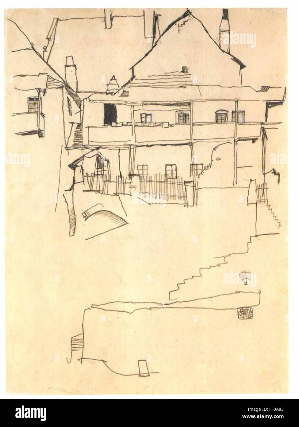 A detailed drawing by Egon Schiele, known for his expressionist style ...