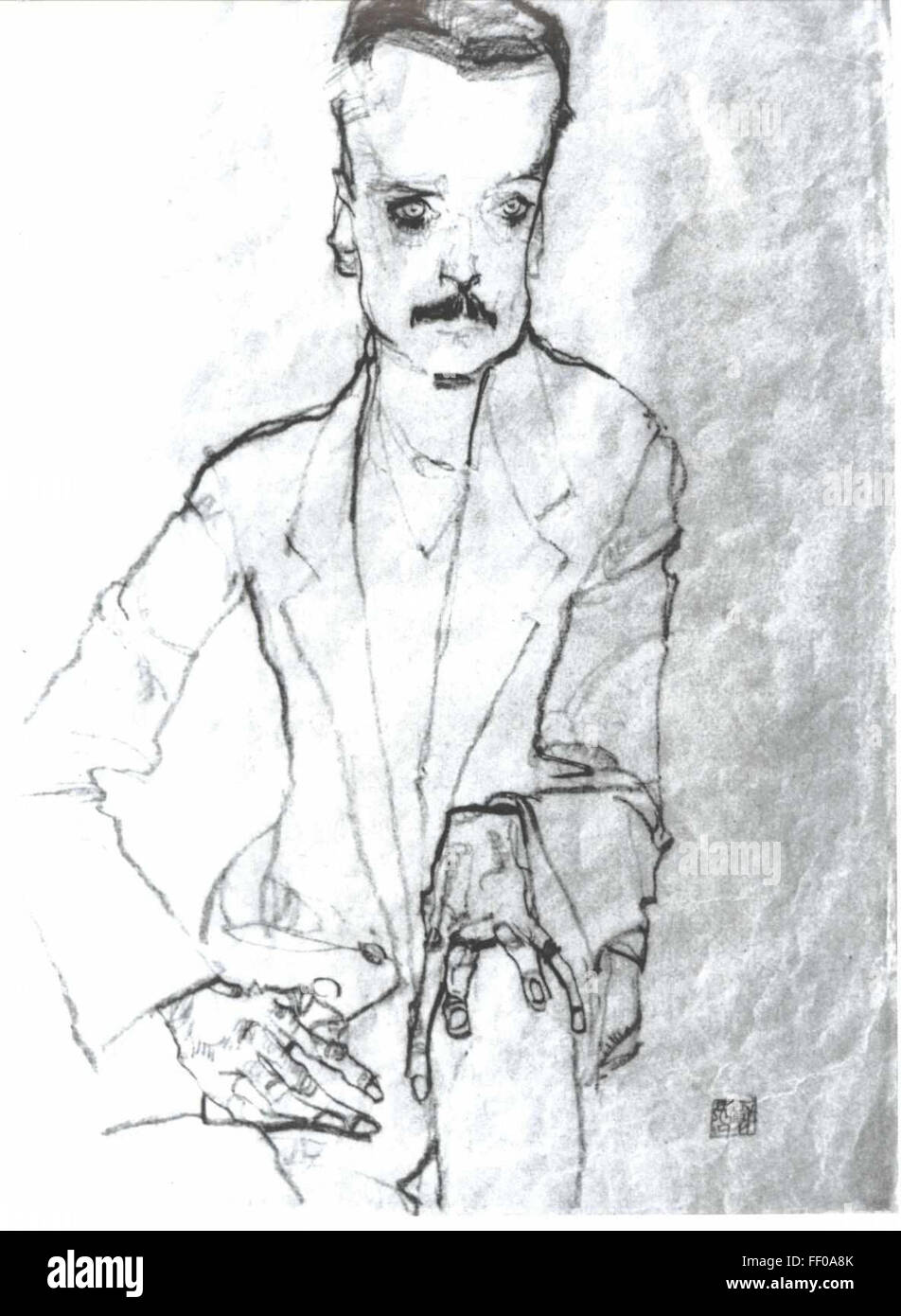 A drawing by Egon Schiele, characterized by expressive lines and ...