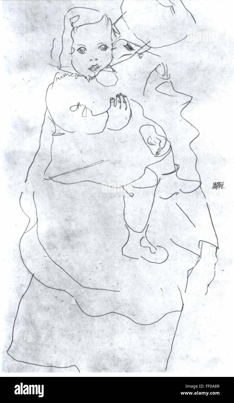 A drawing by Egon Schiele featuring his signature expressive style ...