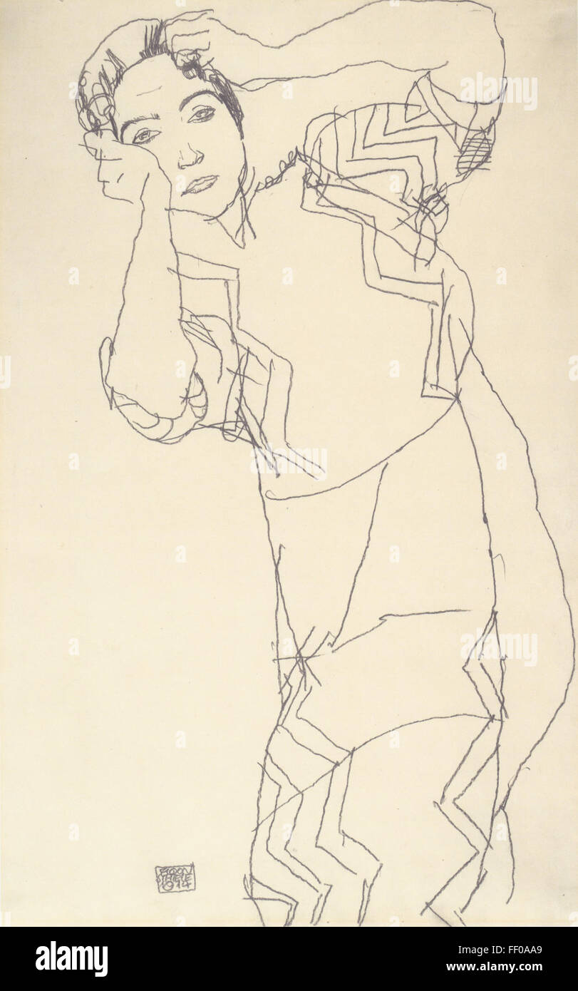 An expressive drawing by Egon Schiele, depicting a figure study in his ...