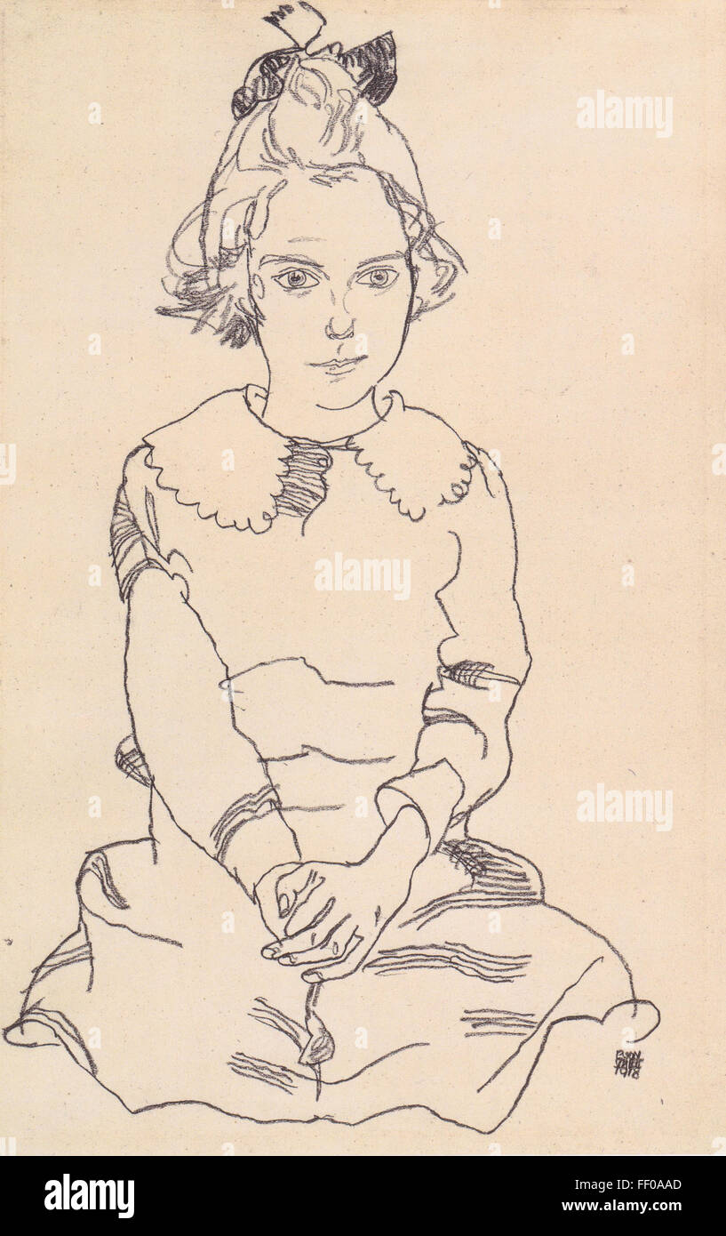 A drawing by Egon Schiele, known for his bold and expressive lines ...