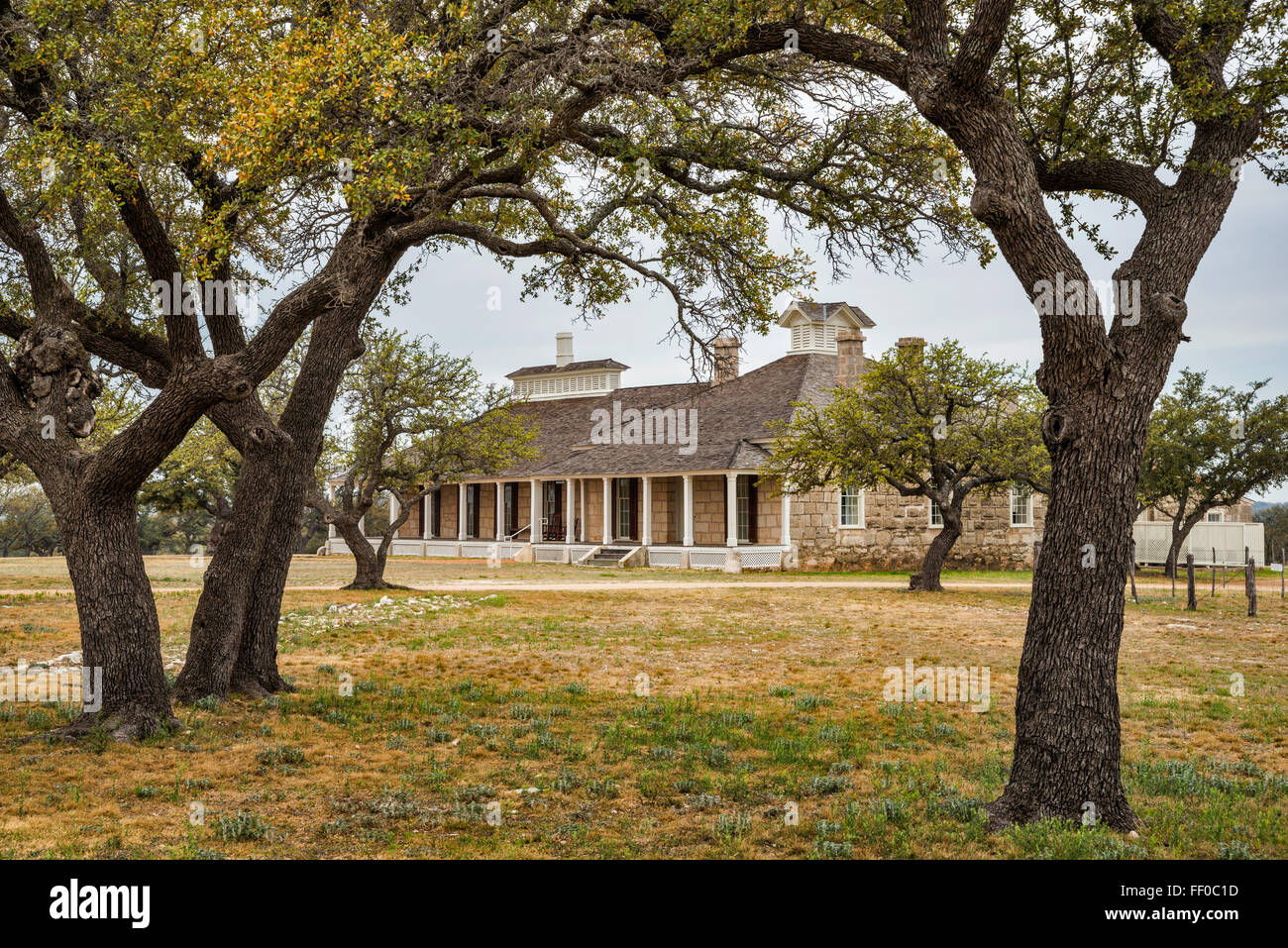 Hospital Building, live oak trees, Fort McKavett State Historic Site in ...