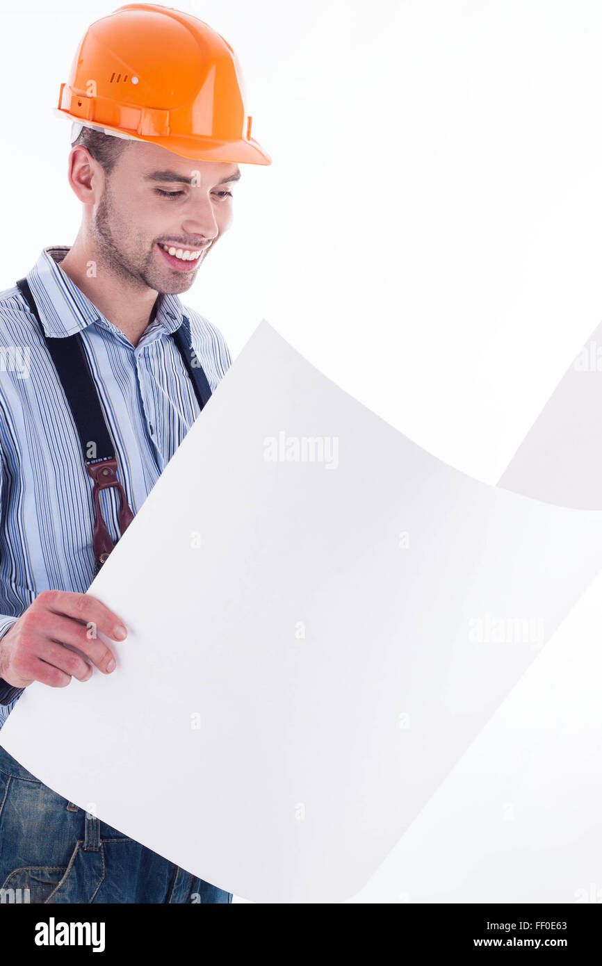 A builder man on the white background Stock Photo - Alamy