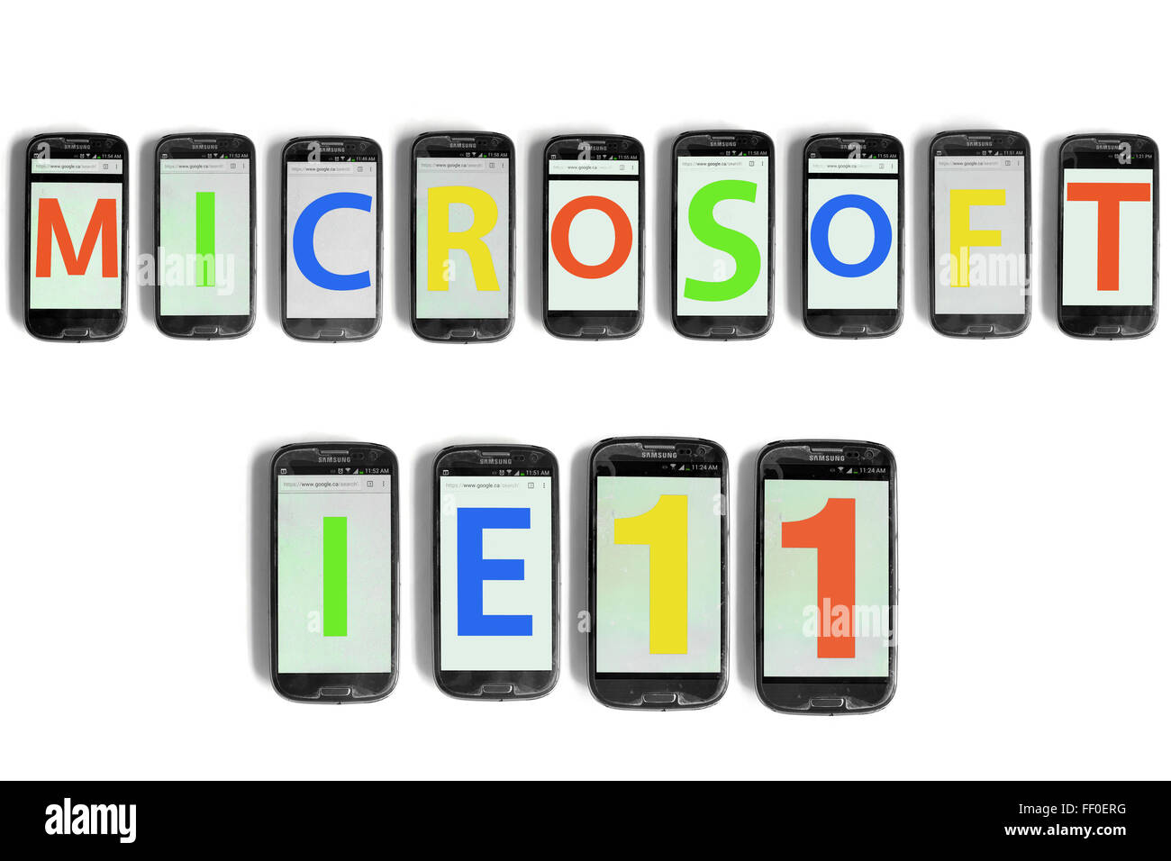 Microsoft IE11 written on the screens of smartphones photographed ...