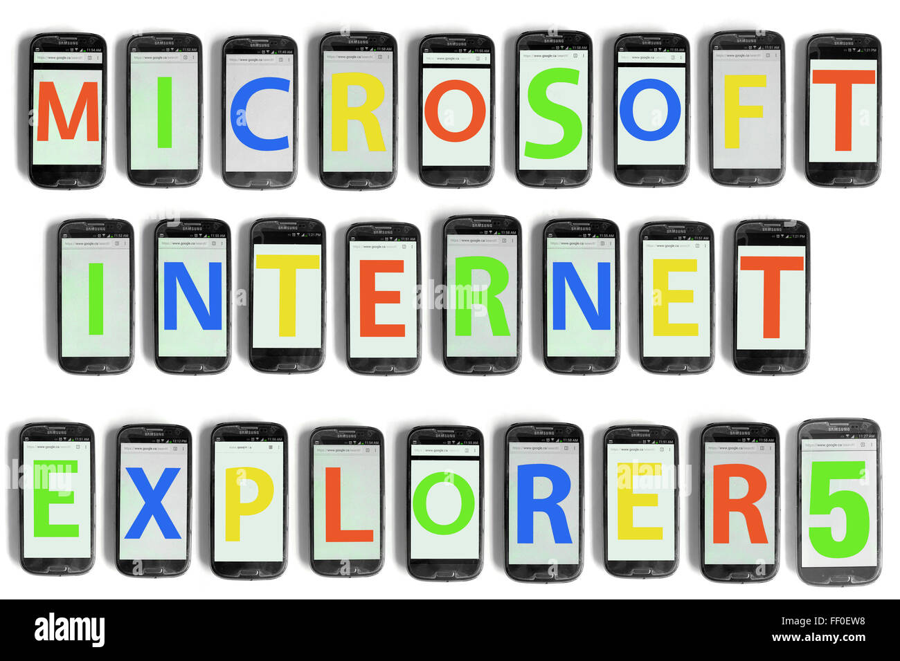 Microsoft Internet Explorer 5 written on the screens of smartphones ...