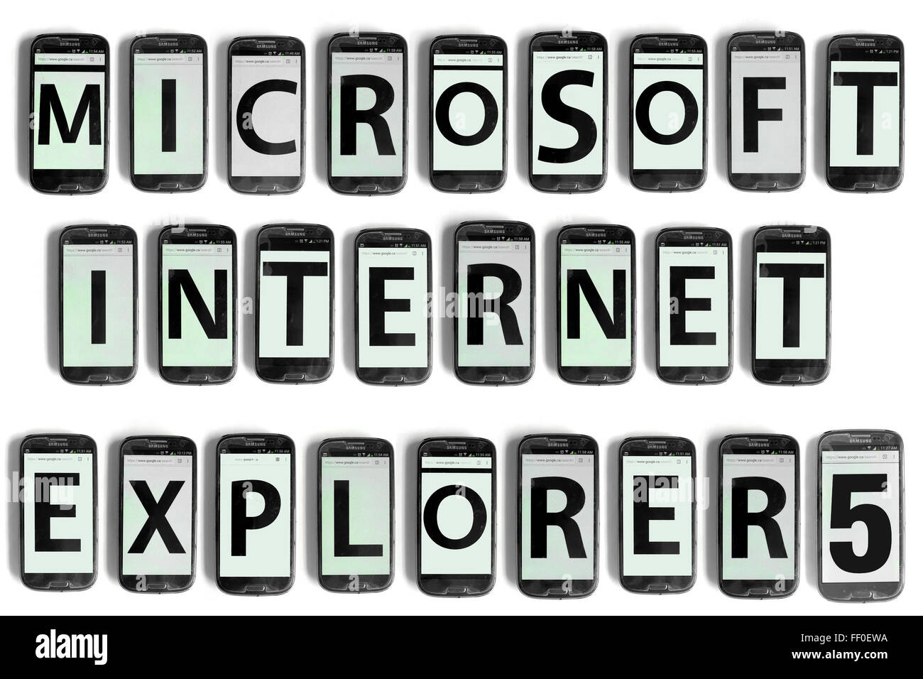 Microsoft Internet Explorer 5 written on the screens of smartphones ...