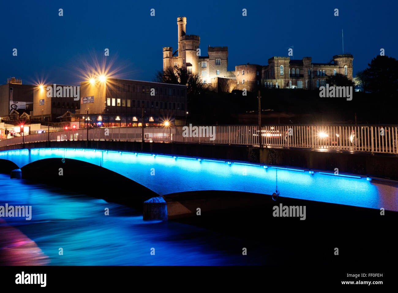 Night colour color scene of Inverness Castle along the bank of the Ness ...