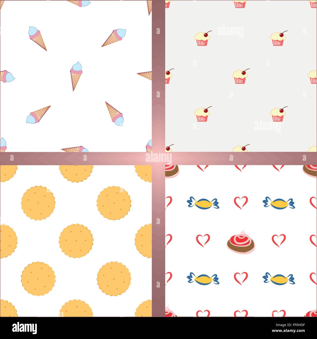 Set of four seamless backgrounds. Ice cream, cake, cracker and candy ...